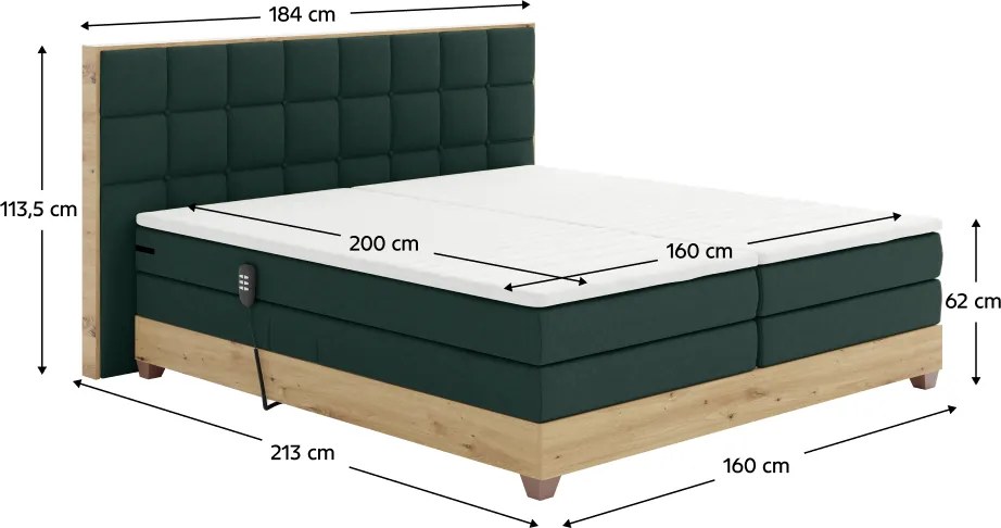 Elektrická polohovací postel, boxspring, zelená/dub artisan, 160x200, TIANA