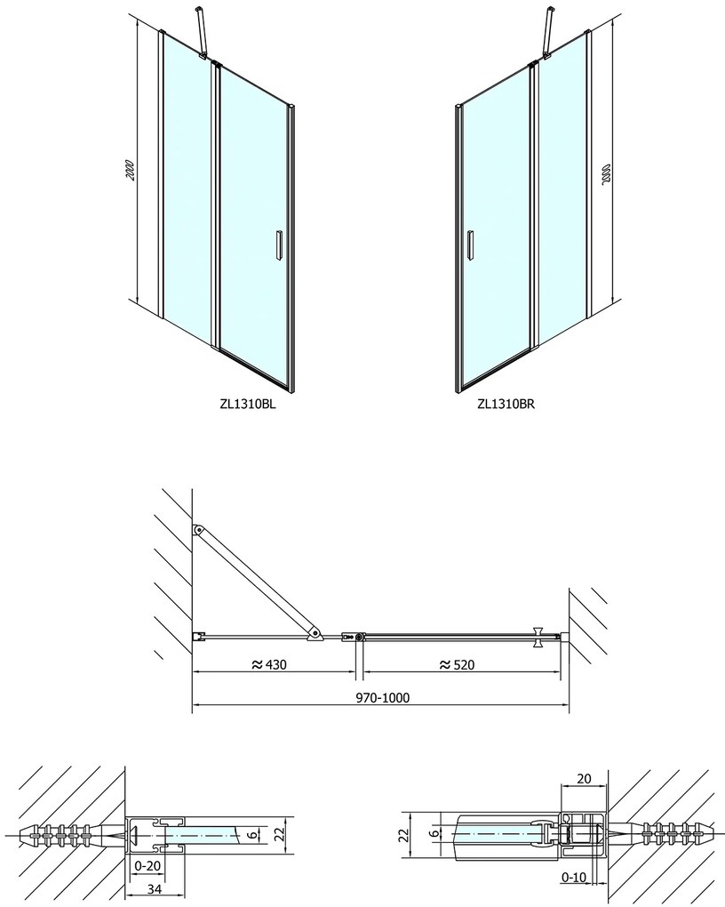 Polysan ZOOM LINE BLACK sprchové dveře 1000mm, čiré sklo, ZL1310B