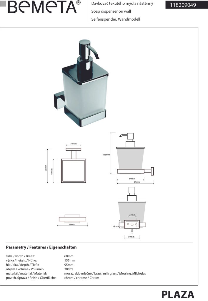 Bemeta Design PLAZA: Dávkovač mýdla, 200 ml -