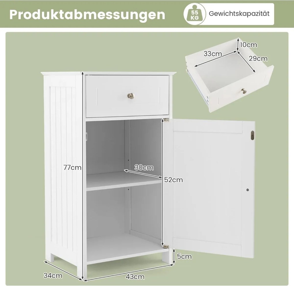 Costway Koupelnová skříňka úzká se zásuvkou a dvířky – 43 × 34 × 77 cm, bílý
