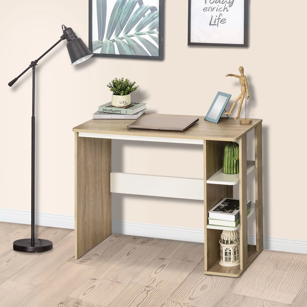 HOMCOM Počítačový stůl s rozměry 100 Š x 44 H x 74 V cm, 3 boční police, dřevo, světlý dub, bílý