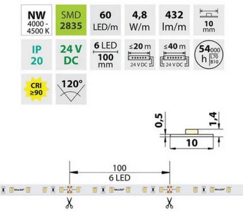 LED pásek McLED 24V neutrální bílá CRI90 š=10mm IP20 4,8W/m 60LED/m SMD2835 ML-126.872.60.2