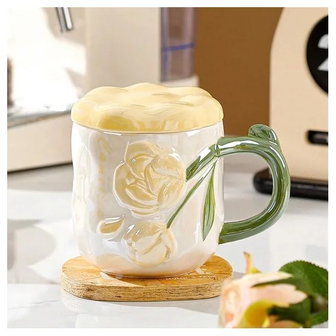 Flamenco Mystique Keramický hrnek s květinovým motivem a víkem, žlutý, 450 ml, 9,2 x 9,6 cm