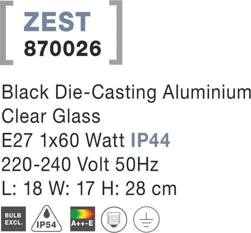 NV 870026 Venkovní nástěnné svítidlo ZEST černý litý hliník čiré sklo E27 1x12W 220-240V IP54 bez žárovky - NOVA LUCE