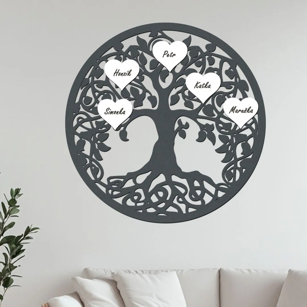 dřevo života Dřevěný Rodinný strom Zvolte rozměr (cm): 40, Zvolte barvu dekoru: Javor, Počet kusů srdíček: 4