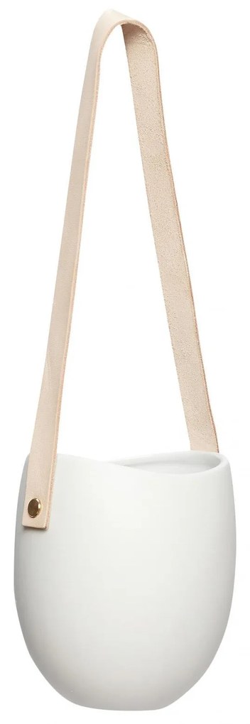 Hübsch Keramický obal na květináč s poutkem White, bílá barva, keramika, kůže