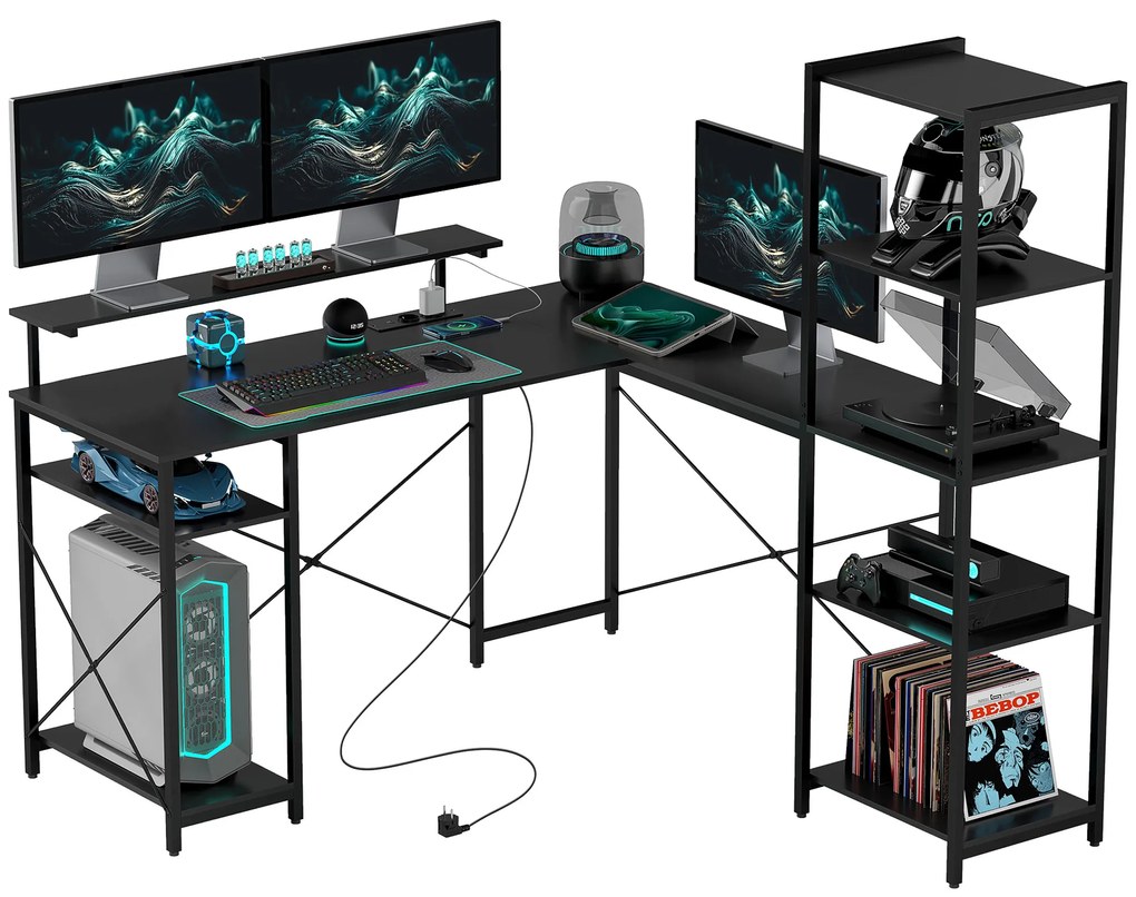 HOMCOM Psací stůl, počítačový stůl ve tvaru L 137 x 140 x 139,5 cm Rohový psací stůl se 6 policemi, kancelářský stůl s podstavcem na monitor, USB, zá…