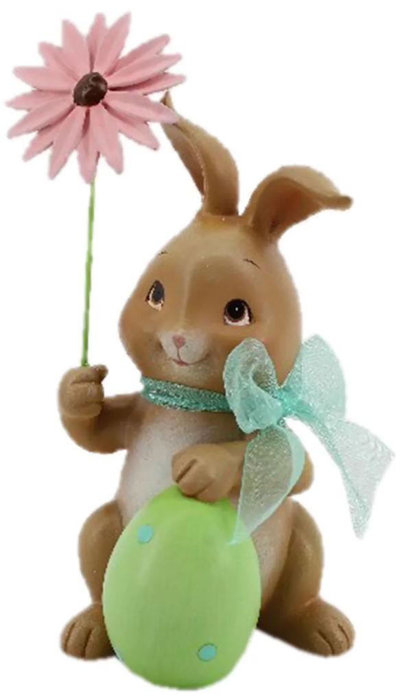 Velikonoční dekorace králíka s růžovou květinou - 9*9*17 cm
