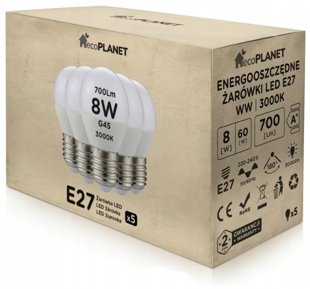 ecoPLANET 5x LED žárovka E27 - G45 - 8W - 700lm - teplá bílá