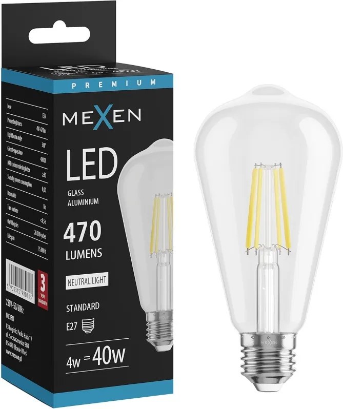 Mexen Vintis, LED filamentová žárovka E27, ST64, 4 W, neutrální bílá 4000K, čirá, L152-E27-0440-00