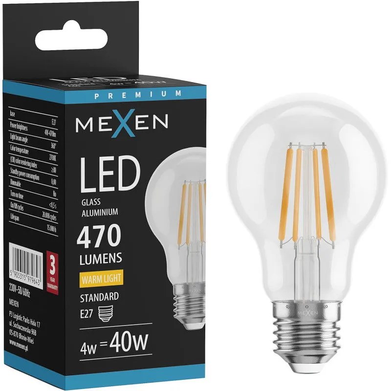 Mexen Vintis Žárovka filament LED E27, A60, 4W, Teplá - 2700K, 470 lm, čirá - L150-E27-0427-00