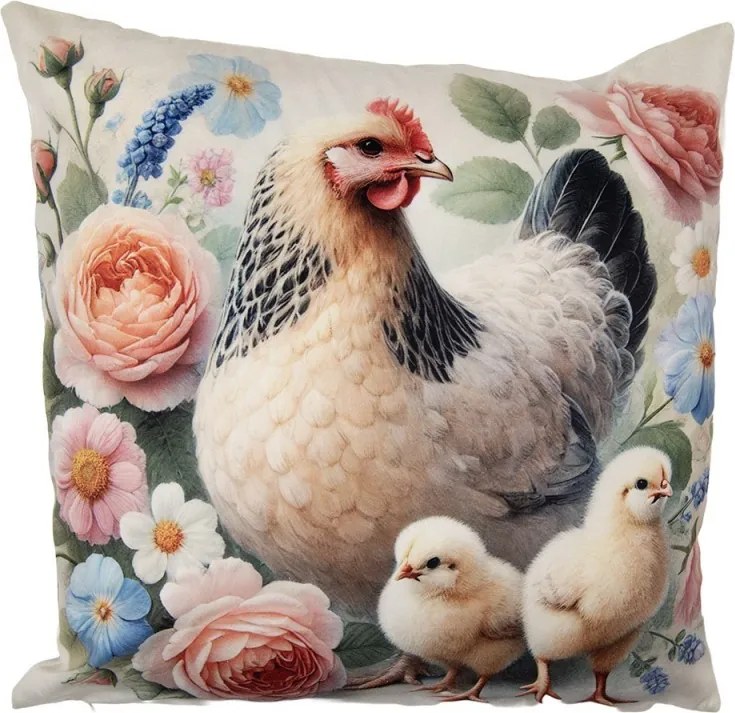 Béžový povlak na polštář slepička s kuřátky a květy - 45*45cm