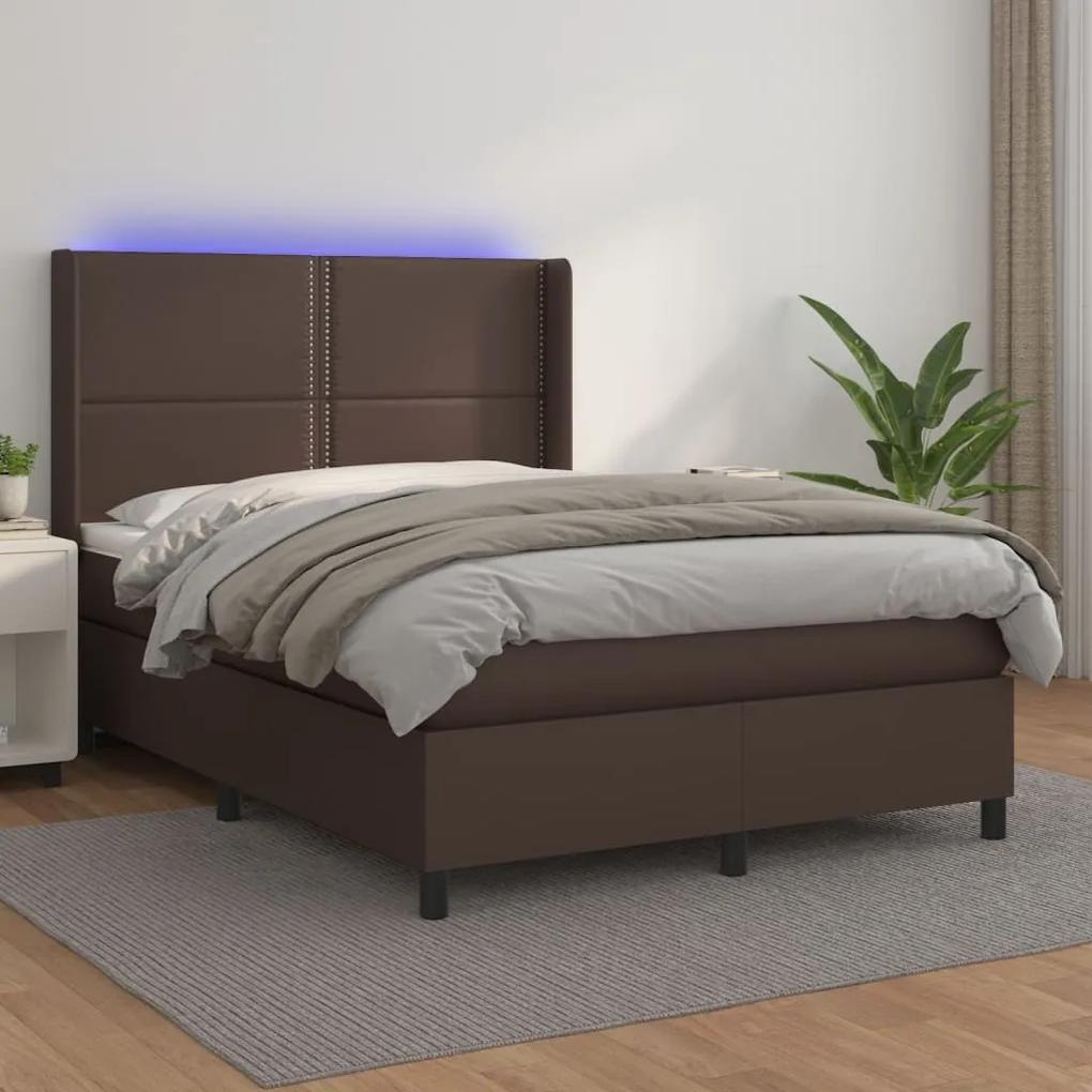 vidaXL Box spring postel s matrací a LED hnědá 140x190 cm umělá kůže