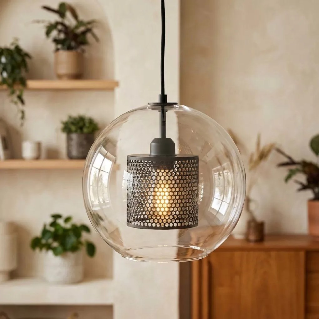 Toolight - Skleněná závěsná lampa loft APP558-1CP 25cm 1xE27 60W, černá, OSW-08751