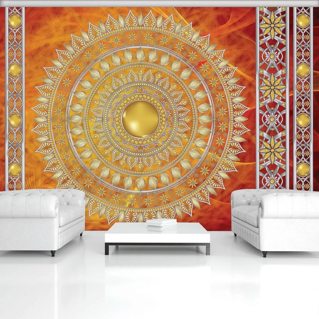 Fototapeta - Zlatá mandala v červené (152,5x104 cm)