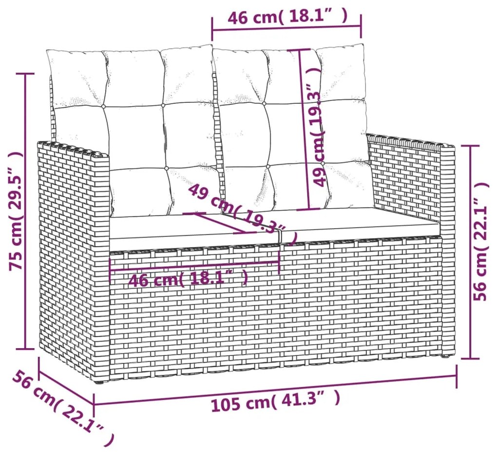 Zahradní lavice s poduškami černá 105 cm polyratan