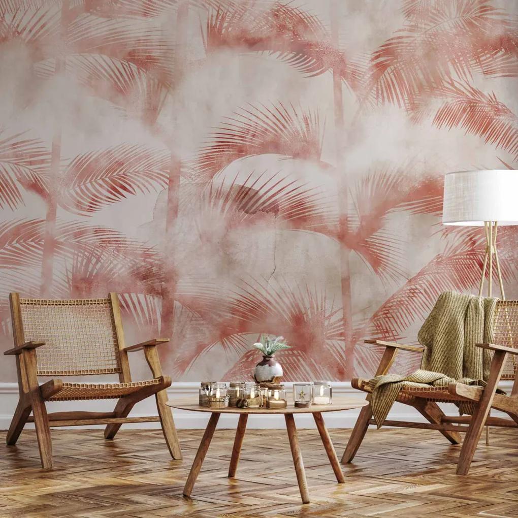 Fototapeta Palmy v mlze - motiv růžových tropických stromů na krémovém pozadí