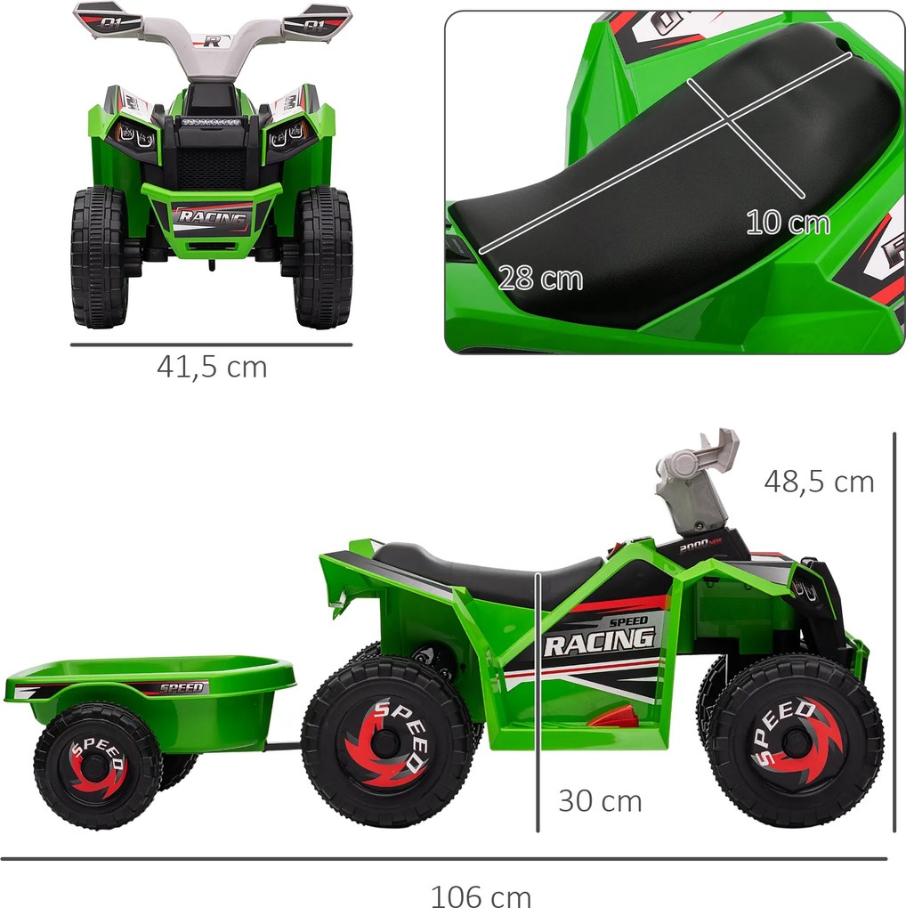 HOMCOM Dětská elektrická čtyřkolka 6V s přívěsem, dětské vozidlo pro 1,5-3 roky, 2,5 km/h, kovová, zelená pro venkovní zábavu | Aosom.de