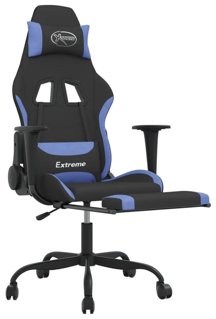 Masážní herní židle s podnožkou černá a modrá textil,  345487