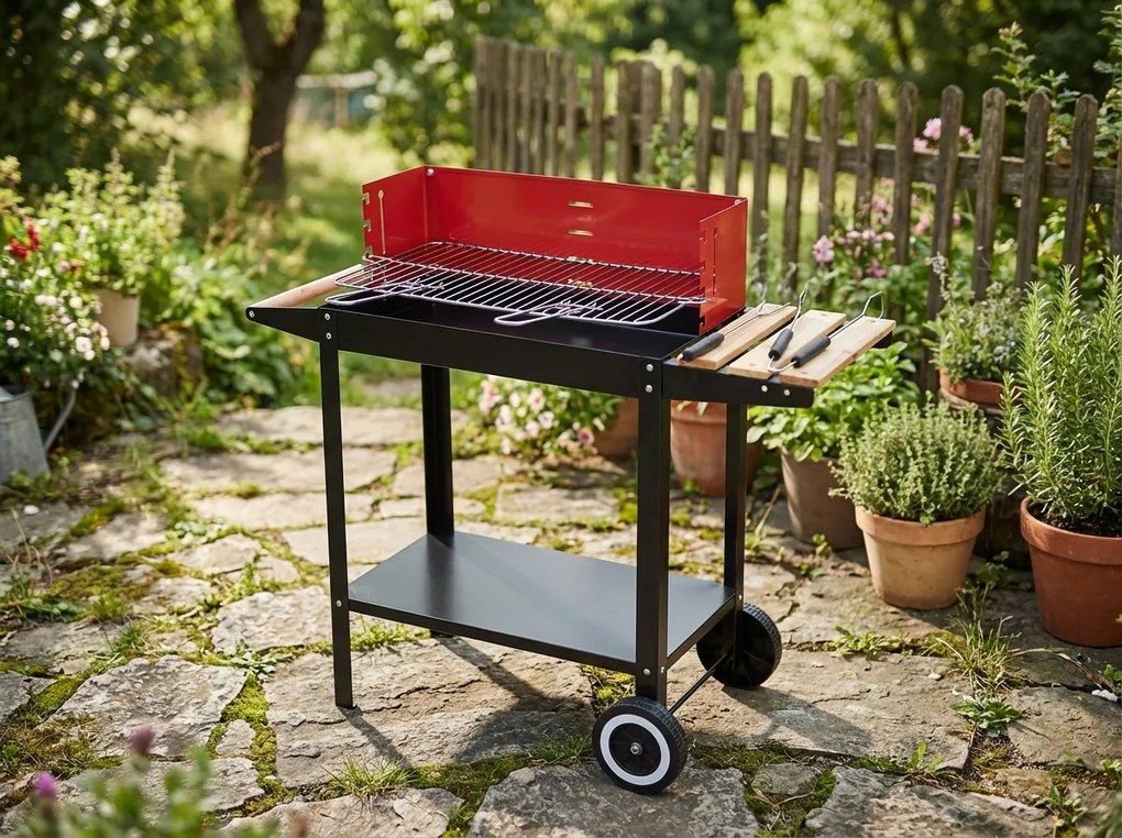 Zahradní gril na dřevěné uhlí BBQ 87x35 cm, černý/červený