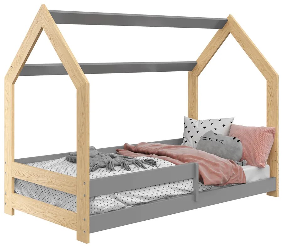 ImportWorld Dětská postel Domek 80x160 cm D5 + rošt a matrace ZDARMA - dub sonoma - šedá