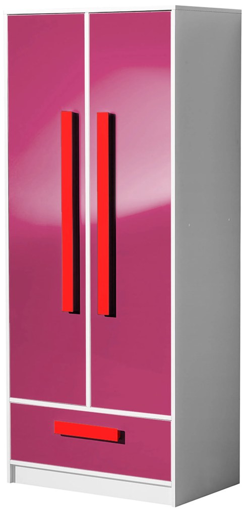 Šatní skříň GULIVER 1 Domel 80/191/50 barva: bílý mat/růžový lesk/bílé úchyty