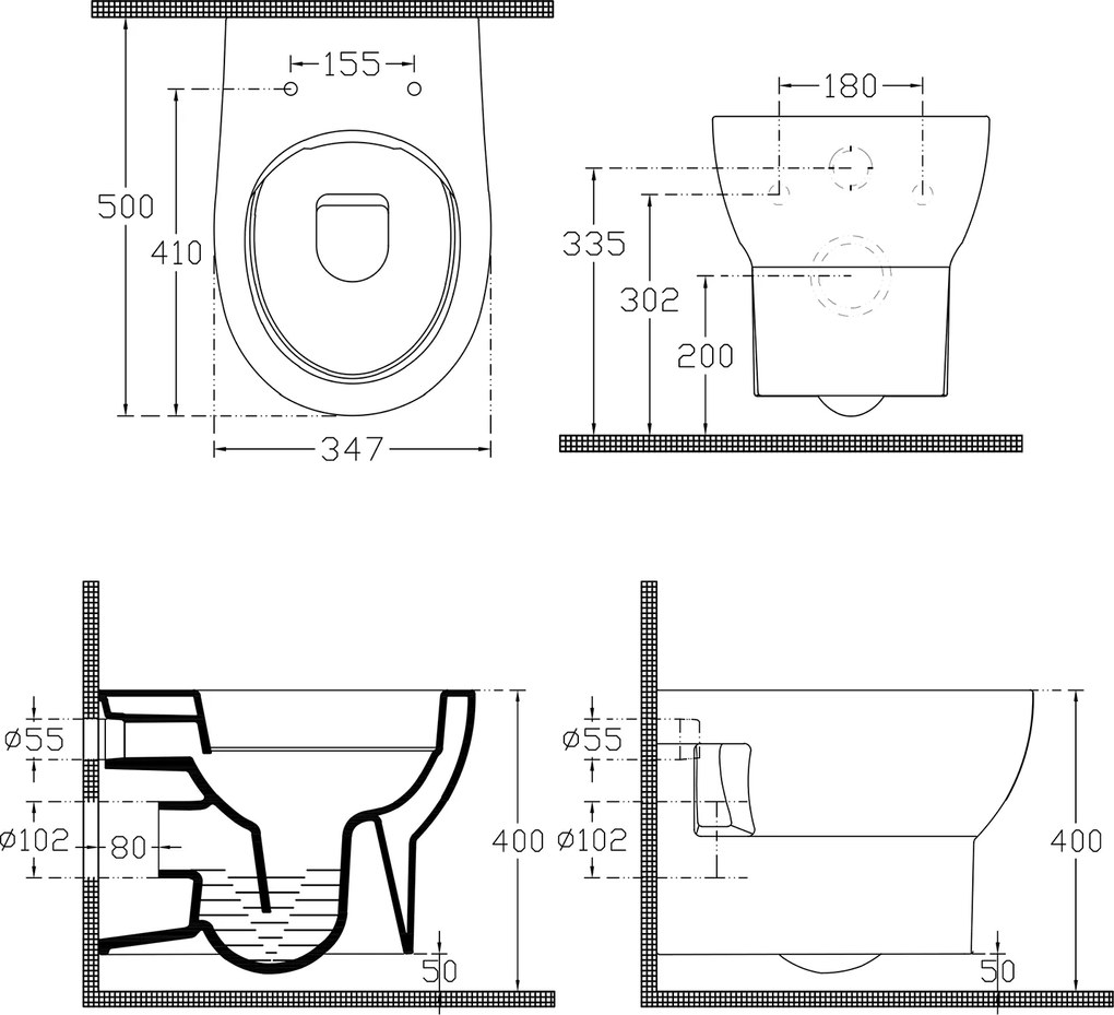 Aqualine, ABSOLUTE závěsná WC mísa, Rimless, 50x35 cm, bílá, 10AB02002