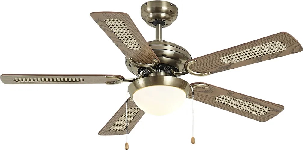 Stropní ventilátor mosazný s potiskem dřeva a ratanem 105 cm s tahovým spínačem - Mistral Majas