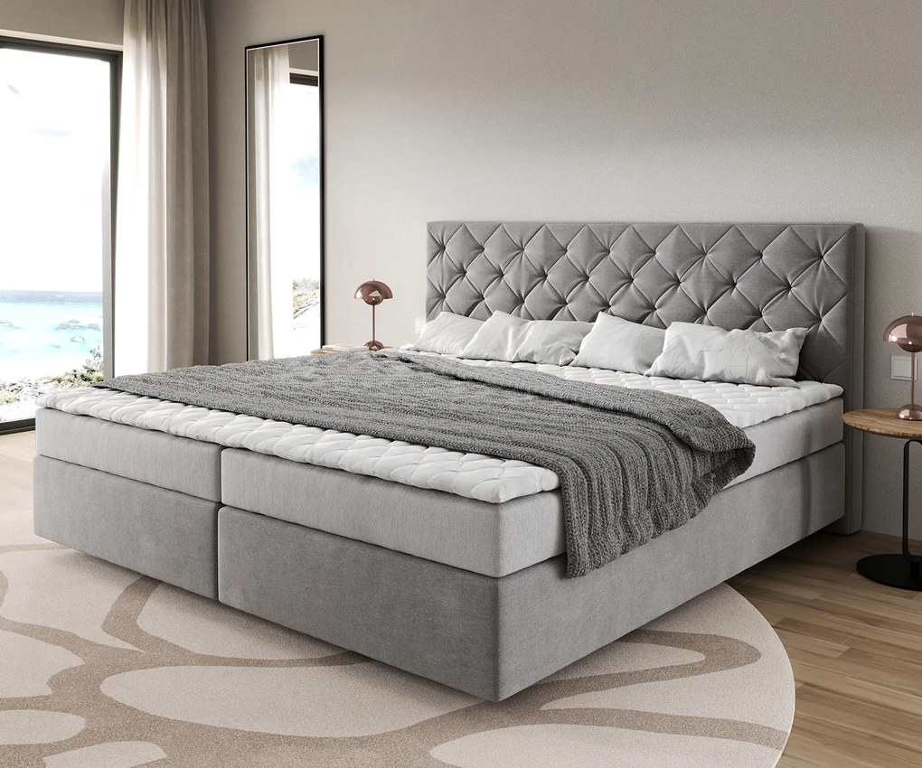 DELIFE Boxspring postel Dream-Great mikrovlákno šedá 200x200 cm Bonell matrace PU topper