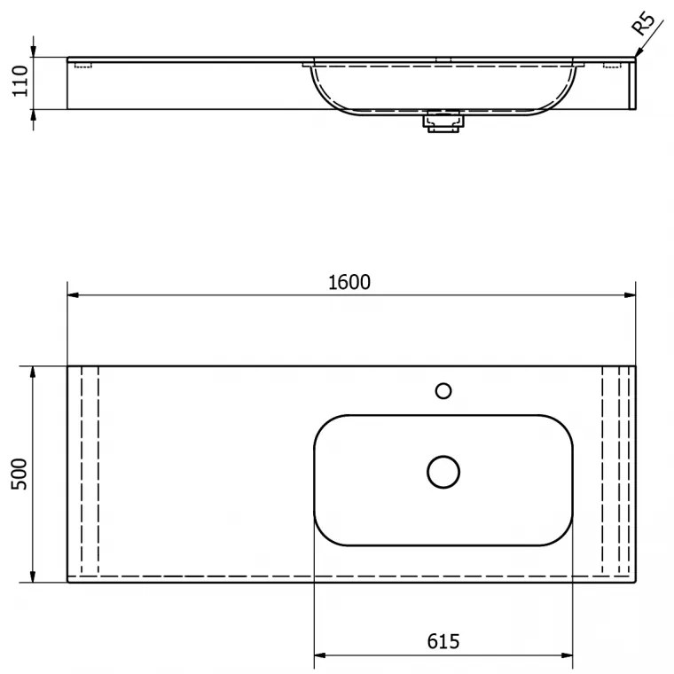 Sapho EMICO umyvadlo, Rockstone, 160x50cm, límec L, pravé, bílá mat EM160-B1R-L