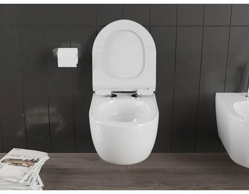 Mexen Carmen, závěsná WC mísa 490x365x340 mm, Rimless Tornádo + WC sedátko z duroplastu, bílá lesklá, 30880100T