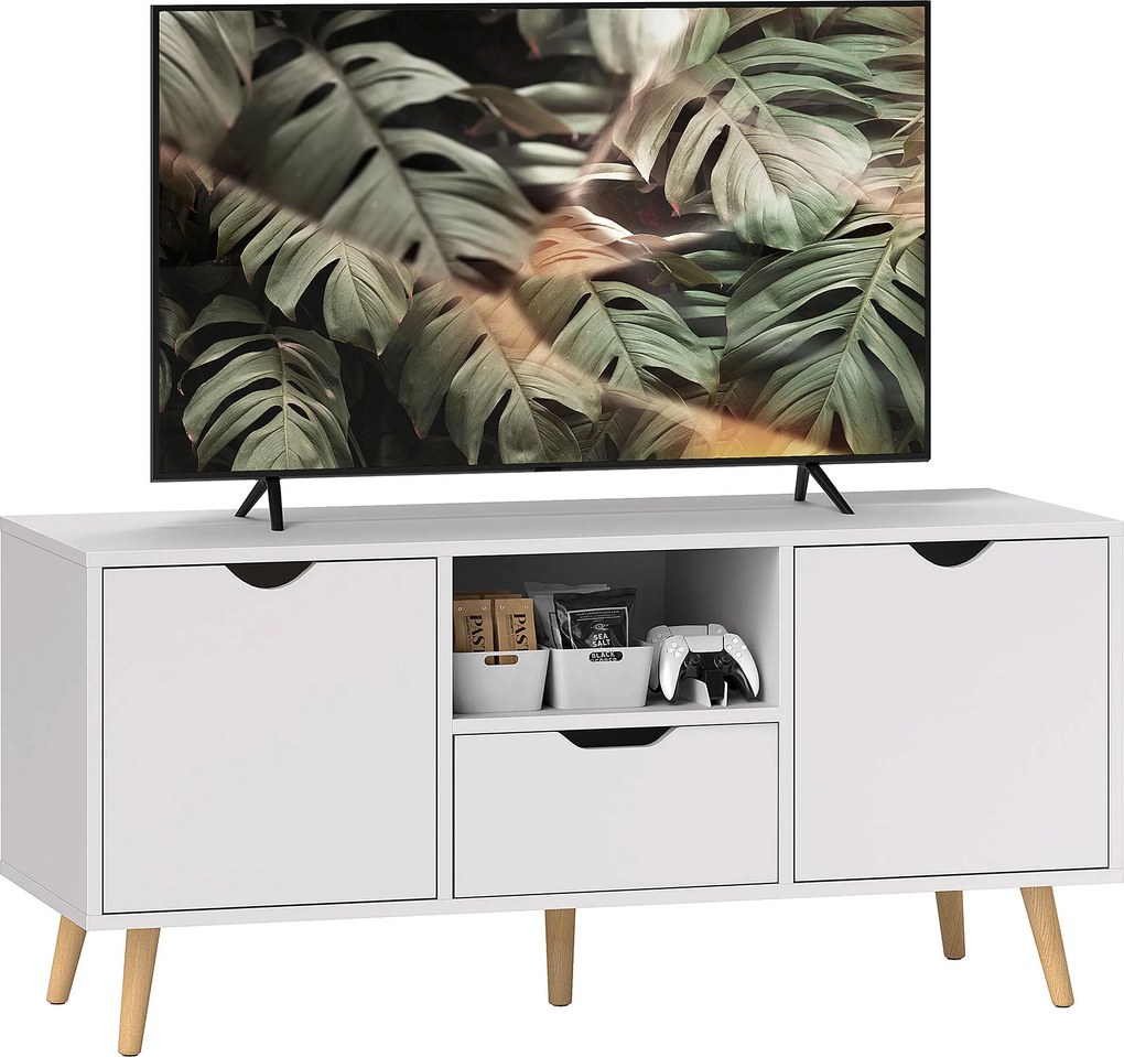 HOMCOM Moderní TV Stolík do 50" s Policemi, Zásuvkou a 2 Skříňkami, TV Stolík se 5 nožkami z Borovice, 110x40x50 cm, Bílý | Aosom