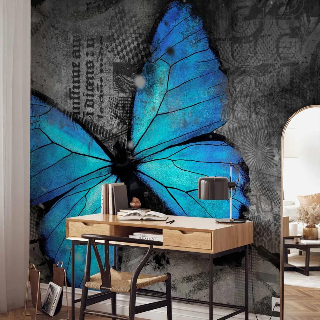 Fototapeta Krása motýla - modrý motýl na grafitovém pozadí s motivem novin