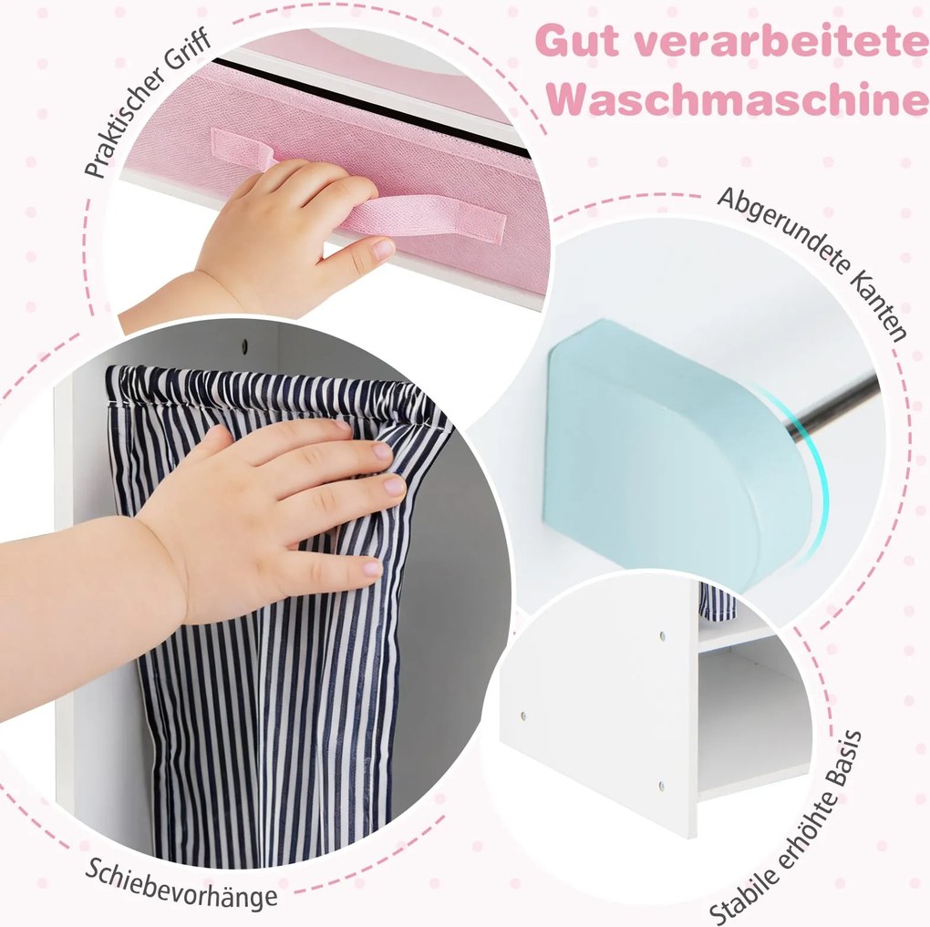 Costway Dřevěná dětská pračka na pračku s lahví na prací prostředek Iron Pink