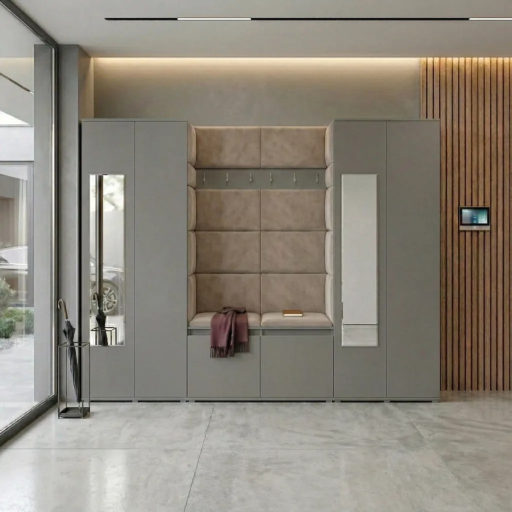 Předsíňová stěna Trinity 10 s čalouněnými panely, 280 cm, grafit/ tmavě krémová