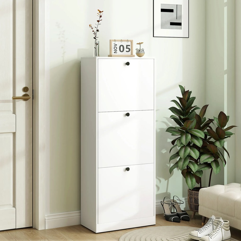 HOMCOM Botník se 3 Zásuvkami, Botník s Nastavitelnými Přihrádkami, Úzký Botník pro 12 Párů Bot 47 x 26 x 120 cm, Bílý