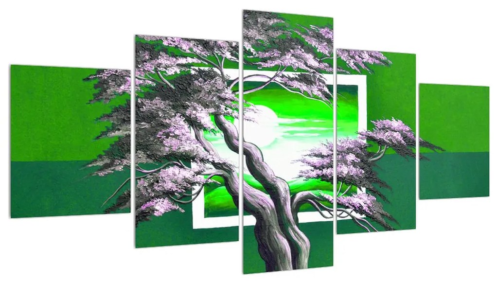 Zelený obraz stromu a východu slunce (150x80 cm)