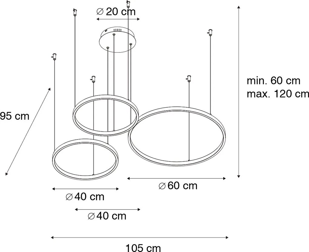 Černé závěsné svítidlo vč. LED 3-stupňové stmívatelné 3-světlo - Anello