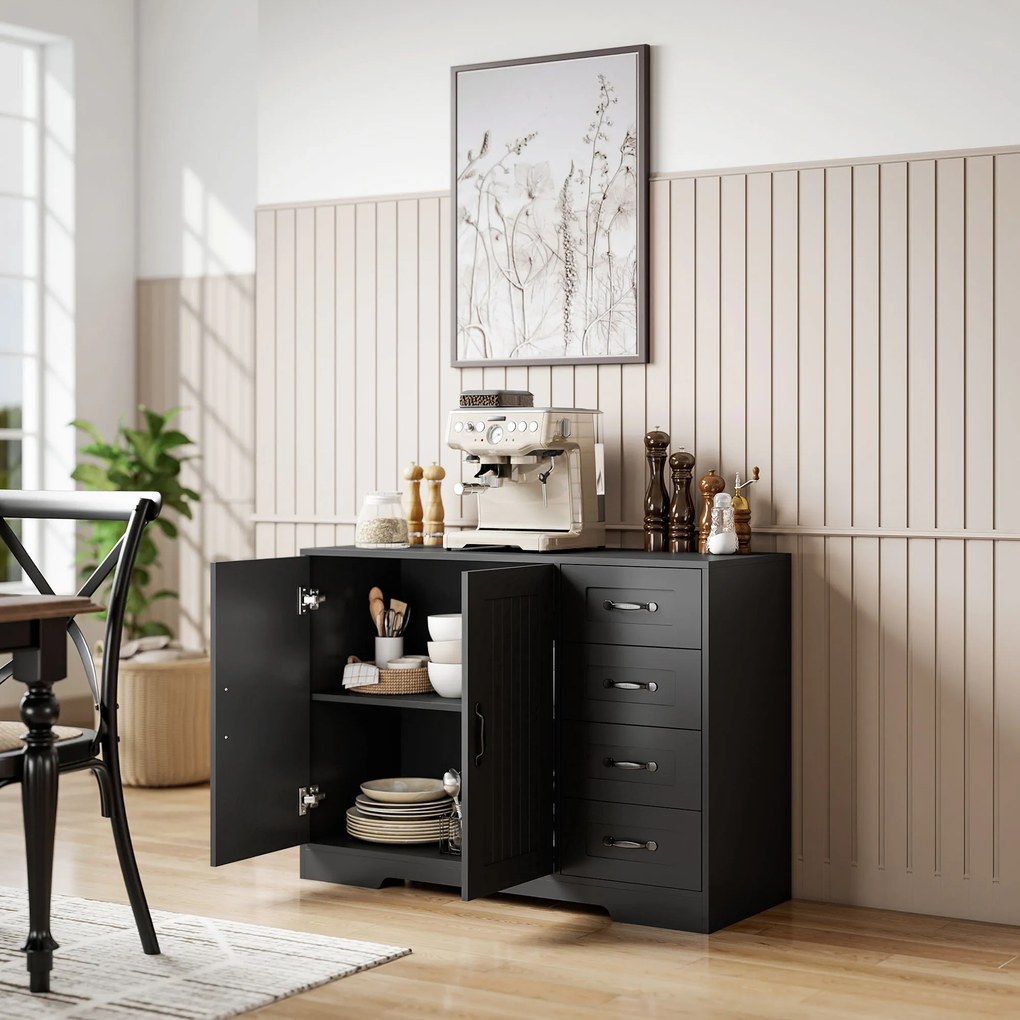 HOMCOM Sideboard, komoda, moderní styl, 4 zásuvky, 1 skříňka, 105 x 40 x 76 cm, černá
