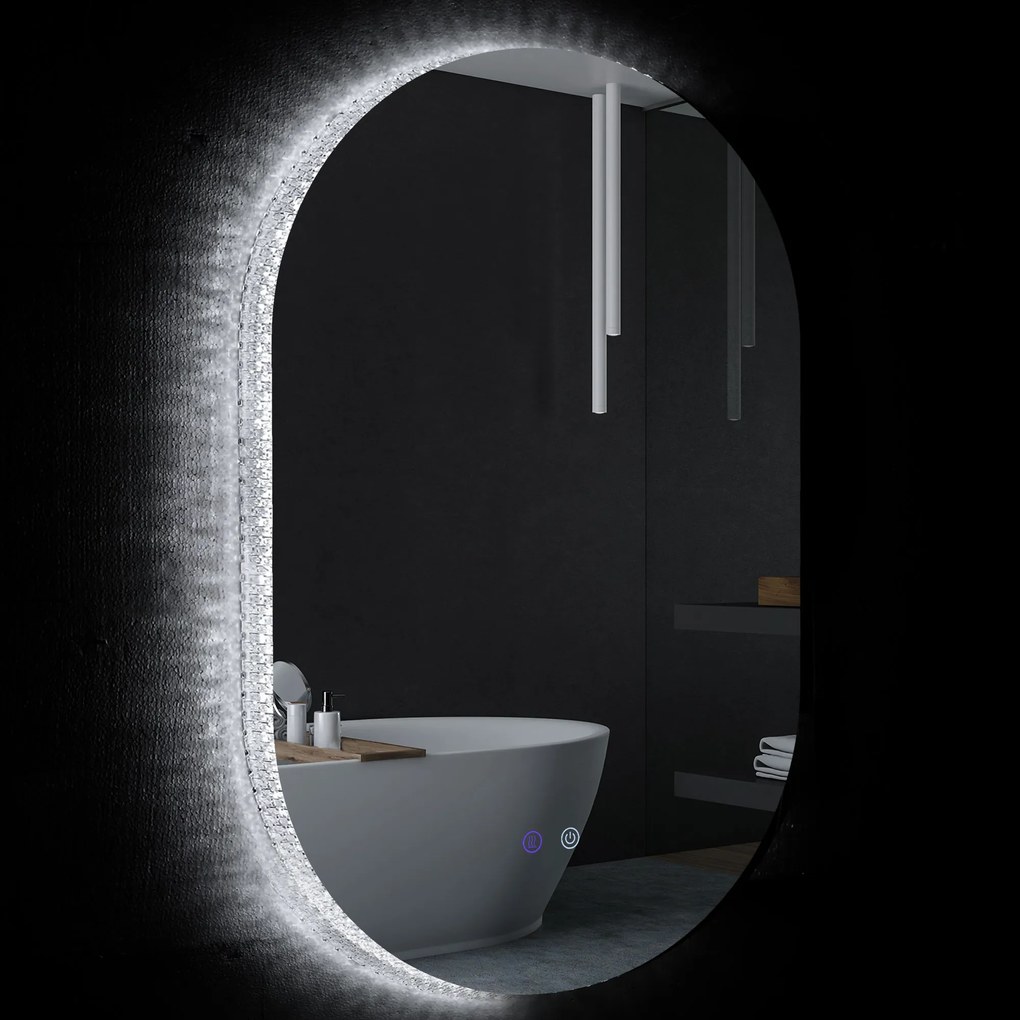 kleankin oválné osvětlené LED nástěnné zrcadlo do koupelny 81 x 51 cm, 3 barvy, nastavitelná jasnost, dotykový spínač, průhledné