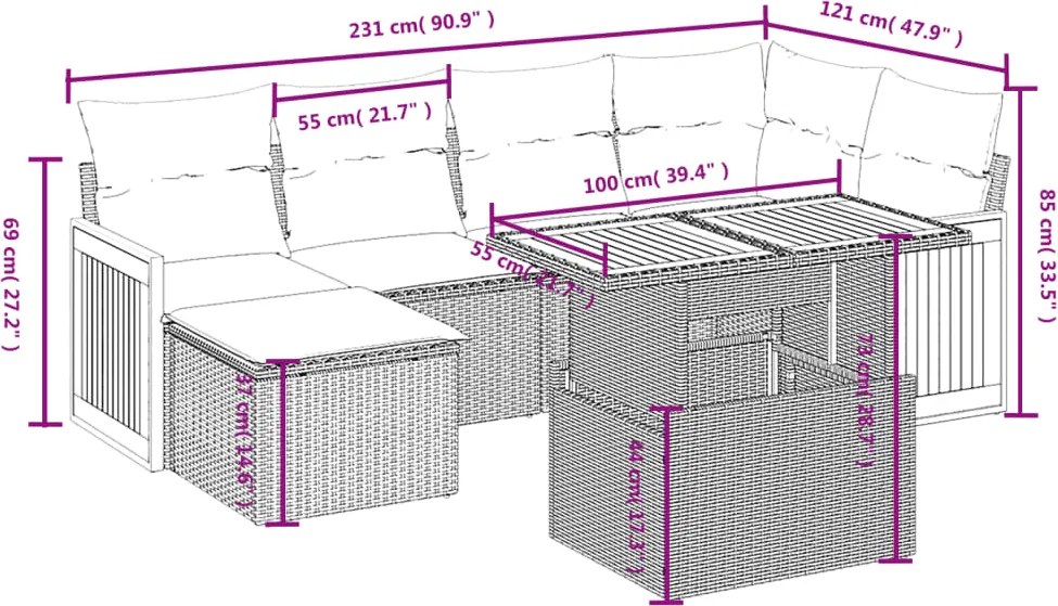 7dílná zahradní sedací souprava s poduškami černá polyratan 3274059