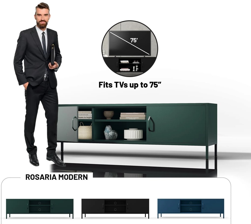 TV stolek kovový široký XL na nožkách, lahvově zelený, 1700x400x500 mm: ROSARIA