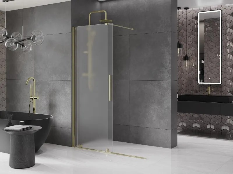 Mexen Velar, sprchová zástěna s posuvnými dveřmi Walk-in 130 x 200 cm, 8mm sklo námraza, zlatá lesklá, 871-130-000-33-50