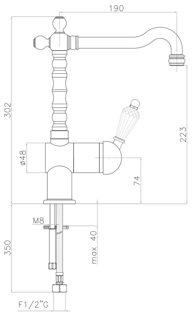 SAPHO KIRKÉ CRYSTAL stojánková dřezová retro baterie, páčka krystal, chrom KI14KC