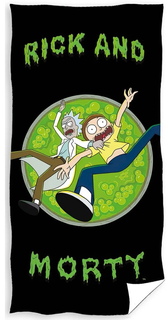 Carbotex dětská plážová osuška RICK A MORTY SKOK DO TŘETÍ DIMENZE, zeleno-černá, froté, 70x140cm