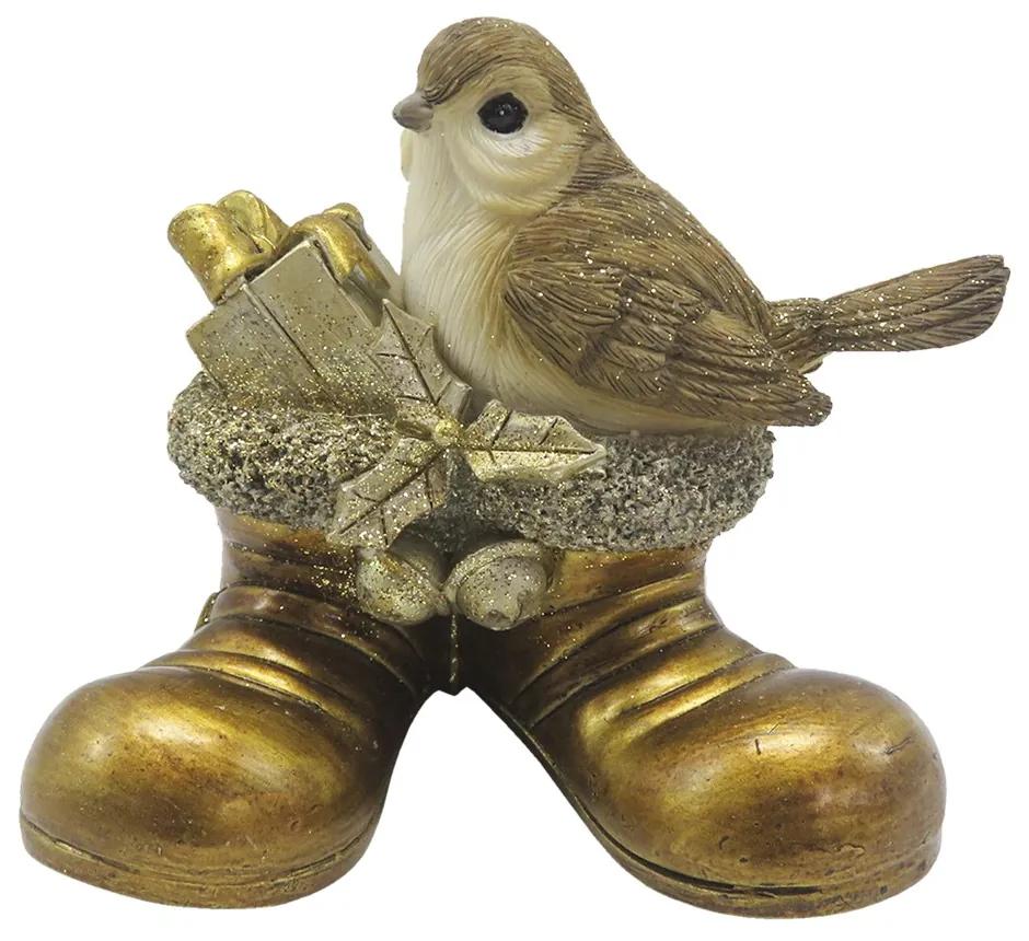 Zlatá antik vánoční dekorace ptáček s dárkem - 10*7*9 cm