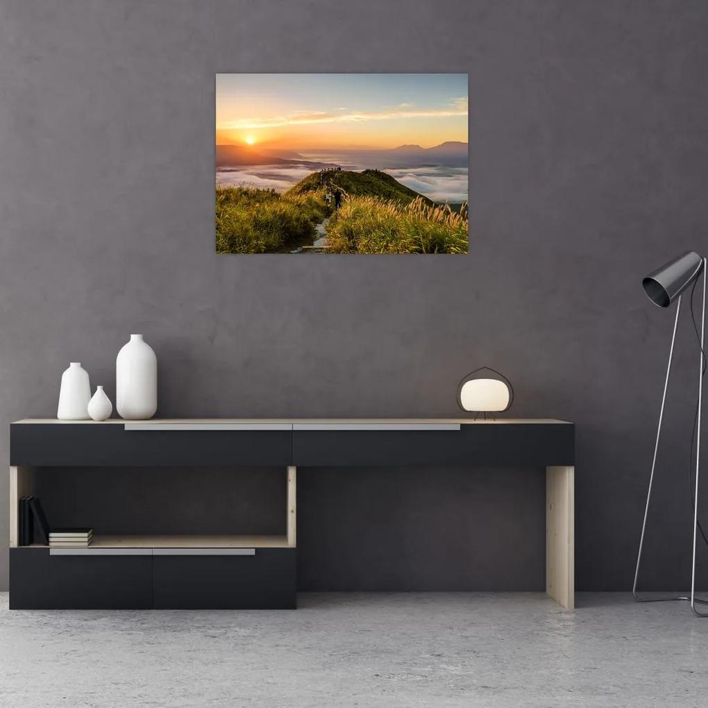 Skleněný obraz hory při západu sluce (70x50 cm)