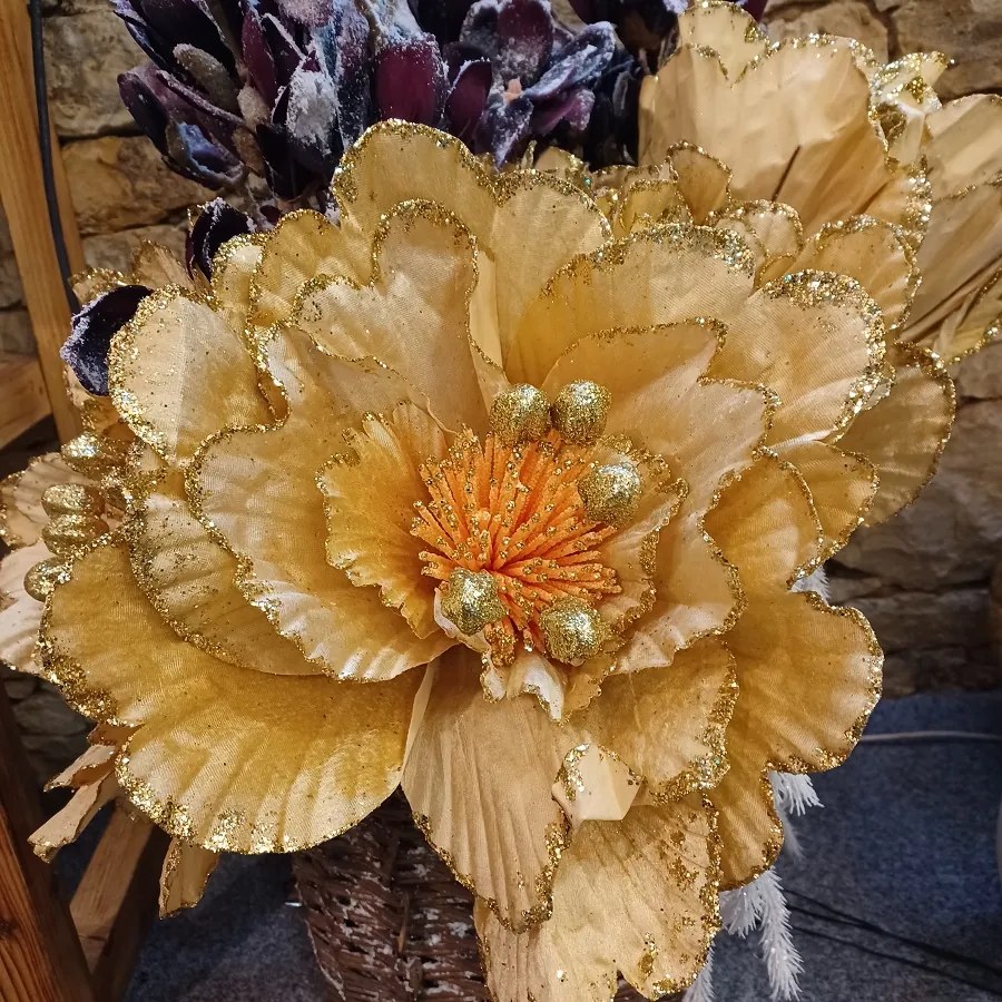 Dekorace umělý květ, 47 cm, zlatá