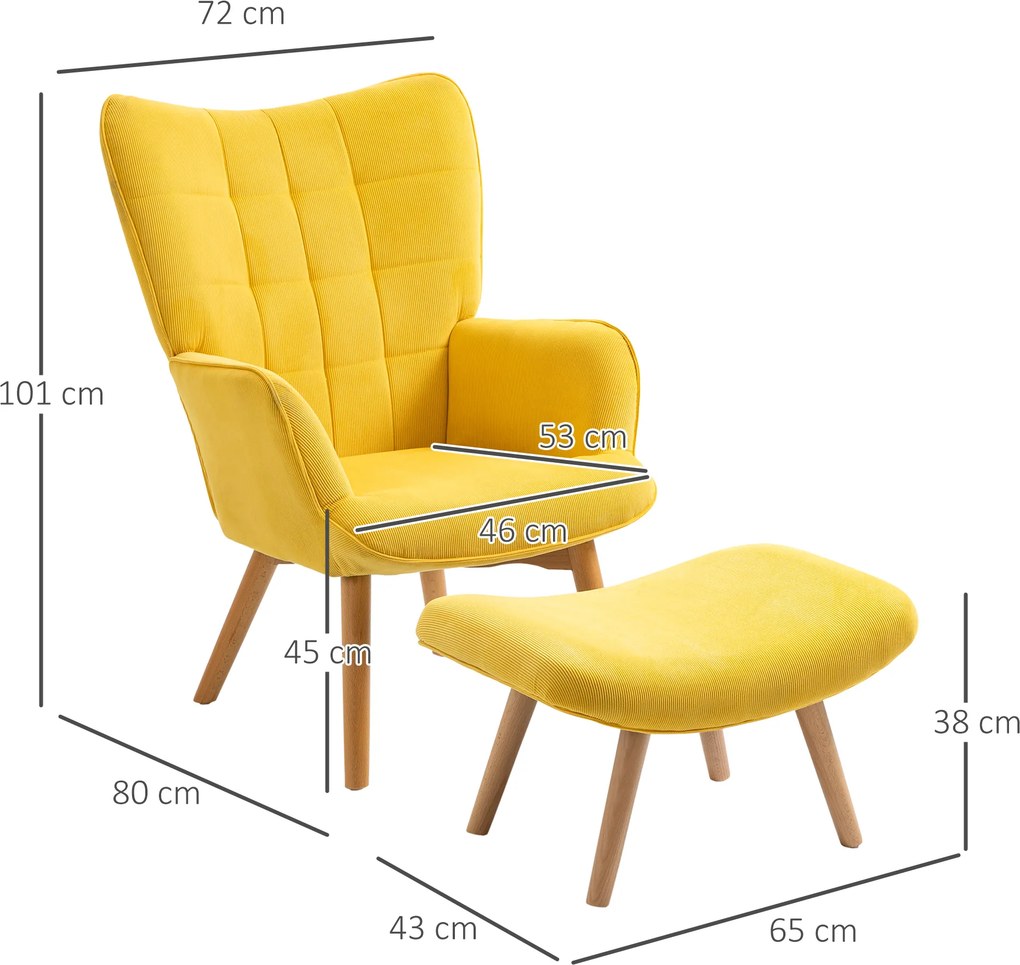 HOMCOM polohovatelné křeslo lounge wing chair s taburetem ve žluté barvě, křeslo s dřevěnými nohami, vzhled šňůry pro příjemné posezení