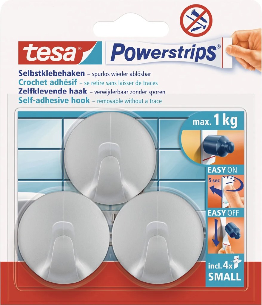tesa Samolepicí háčky Powerstrips S malé kruhové, matný chrom, 3 ks